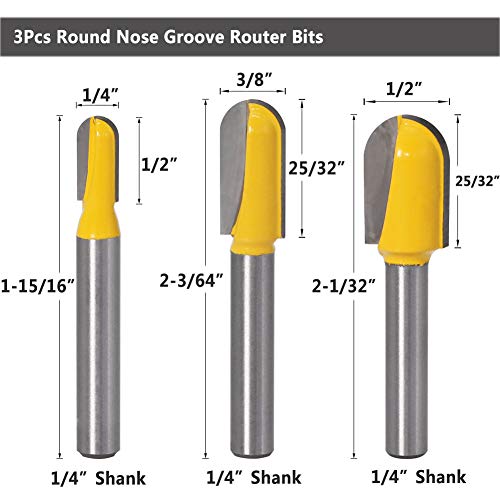 Yakamoz 6Pcs 1/4" Shank Carbide 90 Degree V-Groove and Round Nose Groove Router Bit Set 3D CNC Signmaking Lettering Engraving Cutter Woodworking Carving Cutting Tool