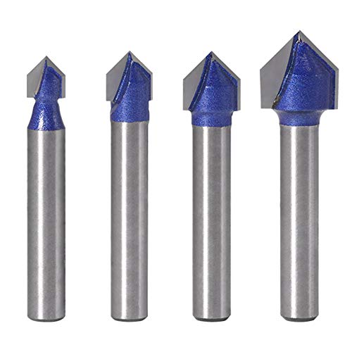 Yakamoz Industrial Grade 1/4-Inch Shank 90 Degree V Groove Router Bit Set CNC Engraving V Grooving Bit Cutter for 3D Signmaking Lettering Carving Woodworking Tool, Cutting Dia. 1/4", 5/16", 3/8", 1/2"