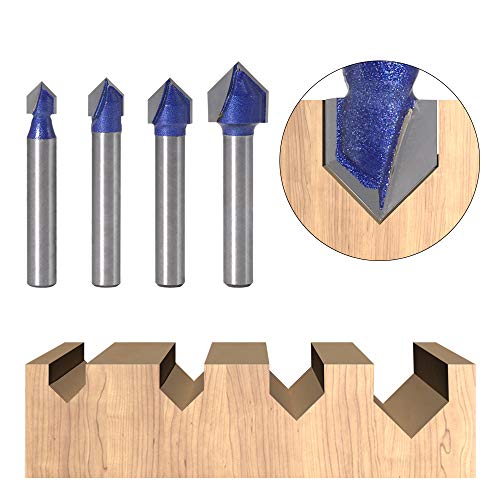 Yakamoz Industrial Grade 1/4-Inch Shank 90 Degree V Groove Router Bit Set CNC Engraving V Grooving Bit Cutter for 3D Signmaking Lettering Carving Woodworking Tool, Cutting Dia. 1/4", 5/16", 3/8", 1/2"