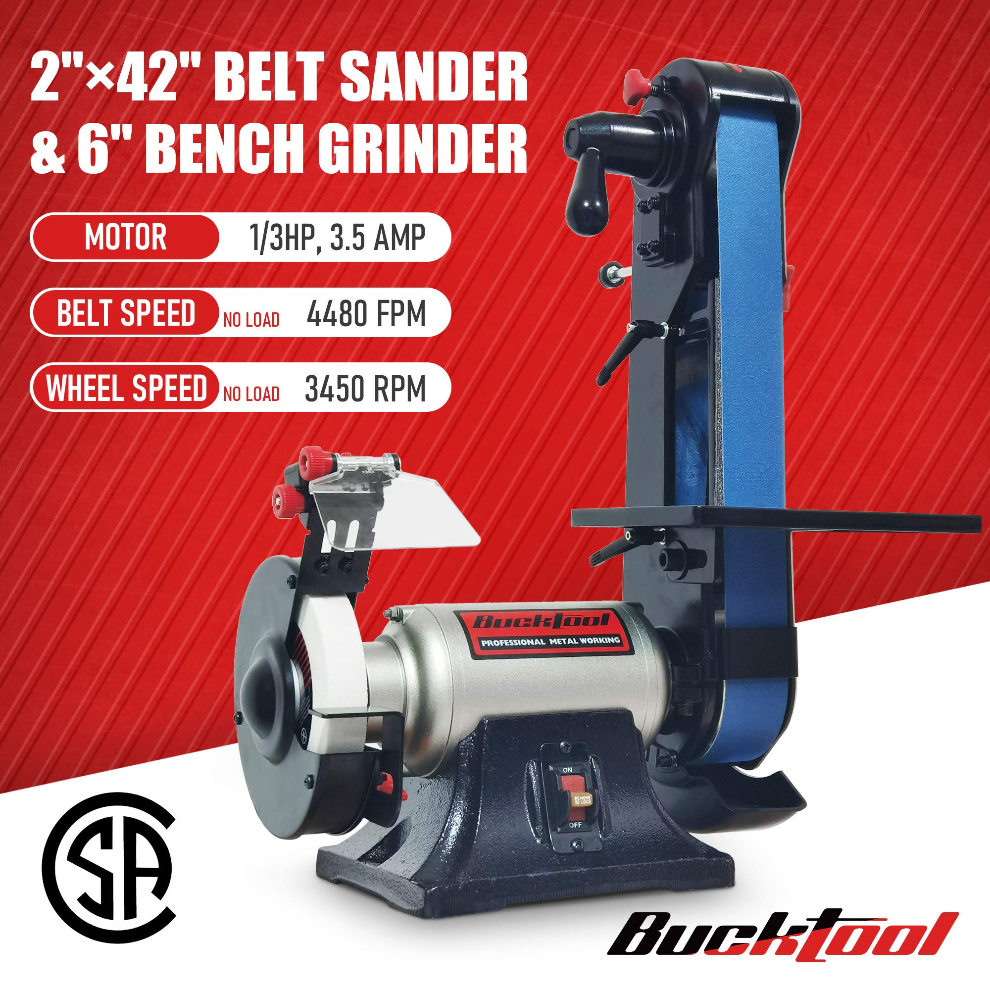 Bucktool Combo 2" x 42" Belt Sander 6" Bench Grinder, Knife Sharpener with Large Work Table BG2600 Upgraded Model