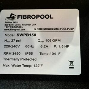 FibroPool 1.5 HP Swimming Pool Pump for In Ground Pools and Spas - 1.5 Horsepower - Designed in the USA - High Efficiency Single Speed Motor With Clear Top Lid - FP150