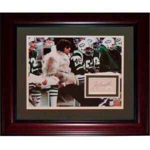 joe namath autographed new york jets (fur coat on bench) deluxe framed 11x14 photo with floating matted signature - jsa