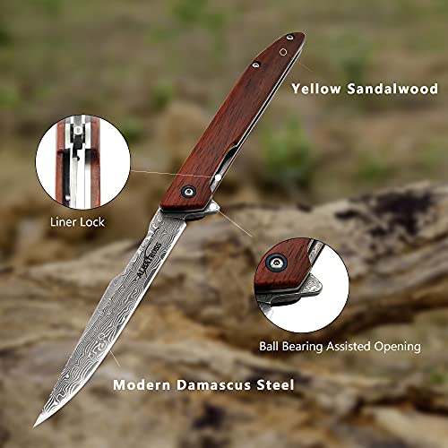 ALBATROSS EDC Thin VG10 Damascus Camping Folding Pocket Knife; 3.5" Damascus Blade, 4.5" Yellow Sandalwood Handle,Gifts Box/Collections (HGDK025)