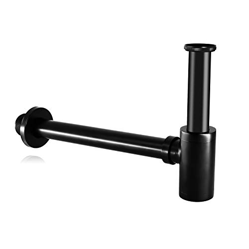 Matte Black Brass Bottle P Waste Trap Decorative Adjustable Height 1 1/4″Drain Pipe Tube Kit for Bathroom Vessel Sink Lavatory with Overflow (HM2020)