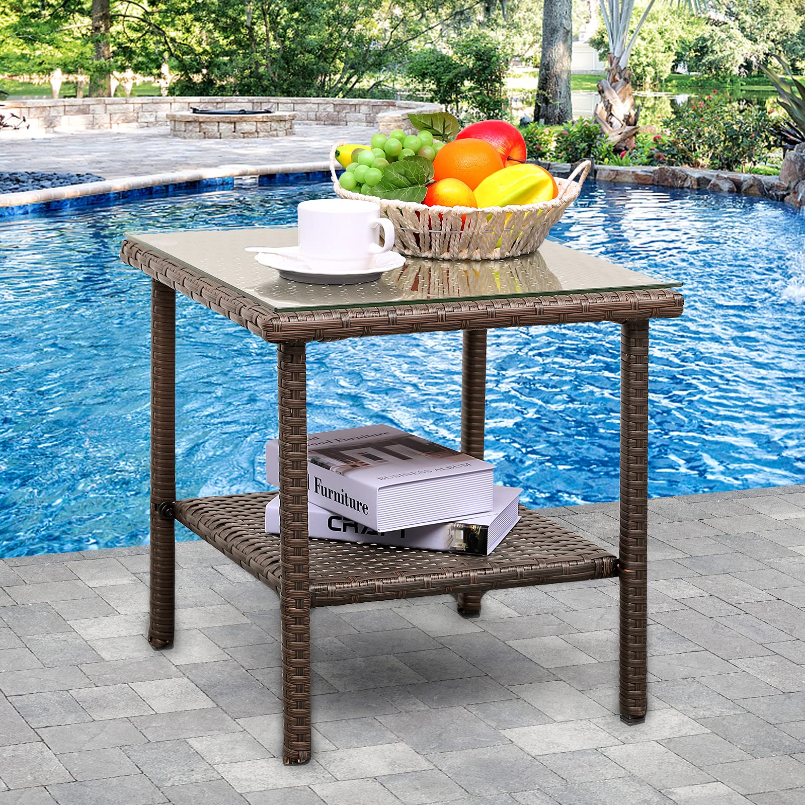 Outdoor PE Wicker Side Table - Patio Rattan Garden Coffee End Square Table with Glass Top-2-layer Table Furniture,Mix Brown