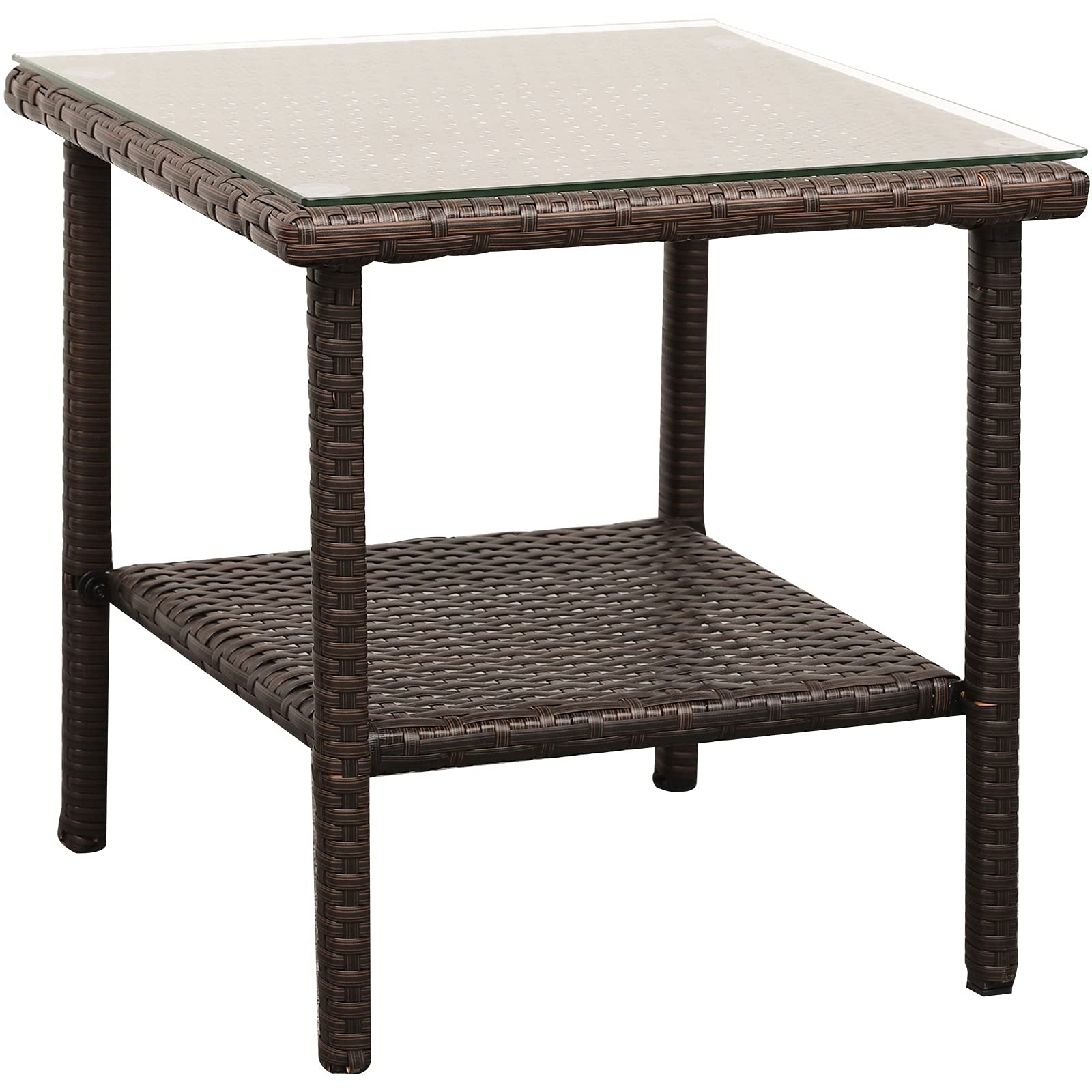 Outdoor PE Wicker Side Table - Patio Rattan Garden Coffee End Square Table with Glass Top-2-layer Table Furniture,Mix Brown