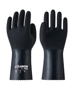 lanon nitrile chemical resistant gloves, reusable heavy-duty rubber gloves with microfoam textured palm, acid, alkali and oil protection, black, xl