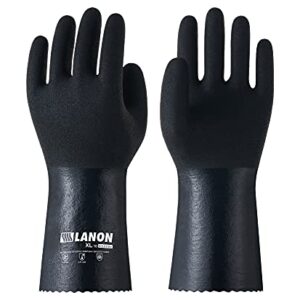 LANON Nitrile Chemical Resistant Gloves, Reusable Heavy-Duty Rubber Gloves with MicroFoam Textured Palm, Acid, Alkali and Oil Protection, Black, XL