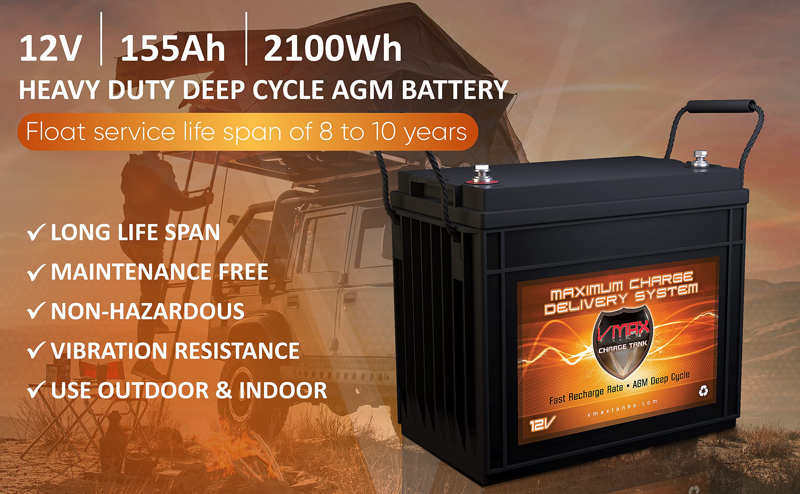 VMAX Solar Battery SLR155 12V 155Ah AGM Deep Cycle Group GC12 Battery Compatible with Solar Panel Backup Enery Storage