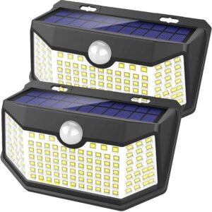 hmcity solar lights outdoor 120 led with lights reflector and 3 lighting modes, motion sensor security lights,ip65 waterproof solar powered for garden patio yard (2pack)