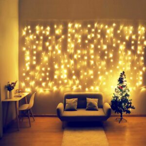 heyfuni fiee curtain lights,13ftx6.5ft safety window curtain icicle string lights 30v 8 modes for christmas wedding party family patio lawn decoration(warm white)