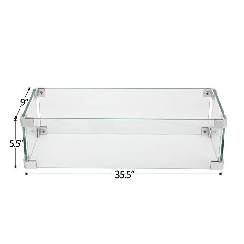 COSIEST Glass Wind Guard, Rectangle, Tempered Glass for Outdoor Fire Pit , 35.5x9x5.5 inches