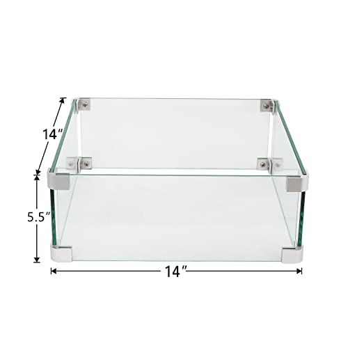 COSIEST Glass Wind Guard, Square, Tempered Glass for Outdoor Fire Pit , 14x14x5.5 inches