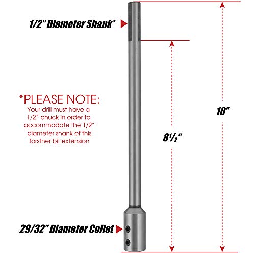 Fulton 10 inch Long Forstner Bit Extension for Adding Over 8" of Drilling Depth to Your Forstner Bit Ideal for Wood Turners Furniture Carpentry and Construction (1/2 inch Collet)