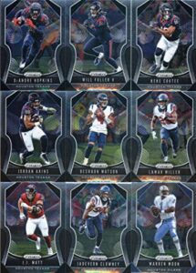 2019 panini prizm football houston texans veteran team set of 9 cards: deandre hopkins(#132), will fuller v(#133), keke coutee(#134), jordan akins(#135), deshaun watson(#136), lamar miller(#137), j.j. watt(#139), jadeveon clowney(#140), warren moon(#281)