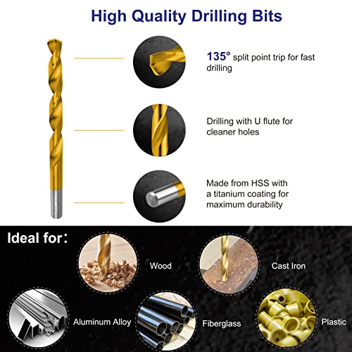 Metric 99 Pieces Titanium Twist Drill Bit Set, 135° Tip High Speed Steel, Size from 1.5mm up to 10mm, Ideal Drilling in Wood/Cast Iron/Aluminum Alloy/Plastic/Fiberglass, with Hard Storage