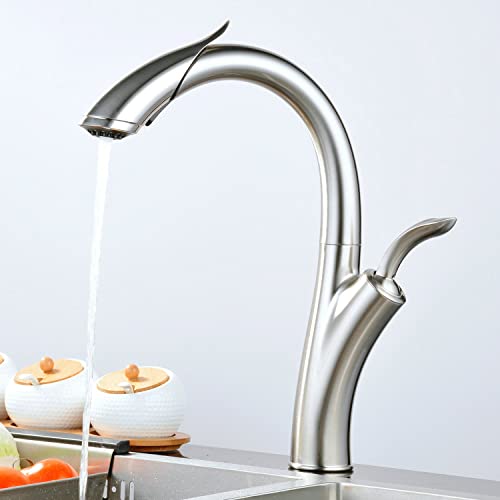 Leekayer Single Handle Lever Kitchen Faucet 360° Swivel Brushed Nickel Pull Out 1 Hole Mount Contemporary Dual Water Mode(Sprayer and Stream) Solid Brass Kitchen Sink Mixer Commercial