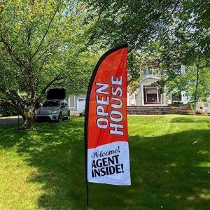 QSUM Open House Flag for Real Estate Agents, Open House Signs with Pole Kit/Ground Stake, Windless Open Banner for Business/Advertising/Open House Events (Red)