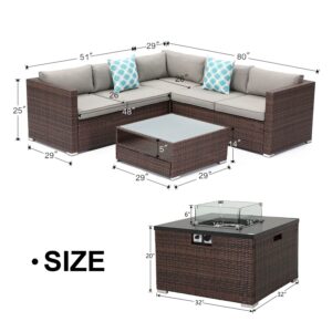 COSIEST 5-Piece Propane Fire Pit Outdoor Furniture Brown Sofa Set, Patio Sectional w 32-inch Square Wicker Fire Table (40,000 BTU), Fits 20lb Tank Outside w Glass Wind Guard for Garden, Backyard