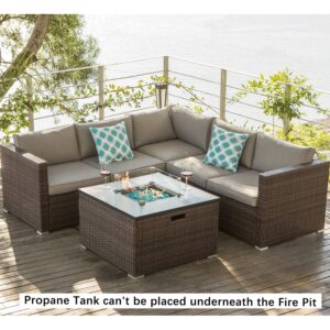 COSIEST 5-Piece Propane Fire Pit Outdoor Furniture Brown Sofa Set, Patio Sectional w 32-inch Square Wicker Fire Table (40,000 BTU), Fits 20lb Tank Outside w Glass Wind Guard for Garden, Backyard