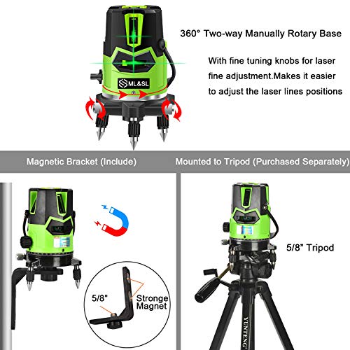 ML&SL Multi-Line Green Laser Level - Professional Automatic Self leveling Laser Horizontal&Vertical Cross line with Down Plumb Dot,360°Rotating Base,Rechargeable Battery for Indoor Outdoor