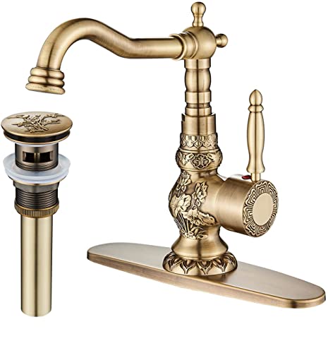 Senlesen Antique Brass Swivel Spout Bathroom Faucet Vanity Sink Mixer Tap and Pop Up Drain with Overflow