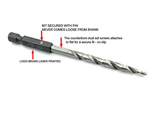 FTG USA Replacement Tapered Countersink Drill Bit Set 3 Pc (#4) 7/64" Countersink Bit Same Size Bit Replacement Only, Countersink Replacement Drill Bit FTG Maximum Torque Wood Bits Secured with Pin