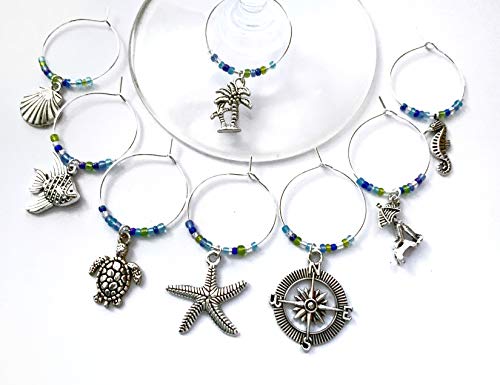 Caribbean Beach Themed Wine Charms, Gift for Island Beach Getaway, beach themed, Tropical Vacation, Summer by the Sea, Set of 8. SEA GLASS BEADS.