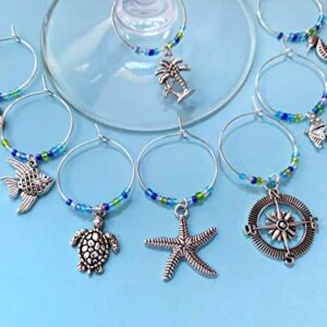 Caribbean Beach Themed Wine Charms, Gift for Island Beach Getaway, beach themed, Tropical Vacation, Summer by the Sea, Set of 8. SEA GLASS BEADS.