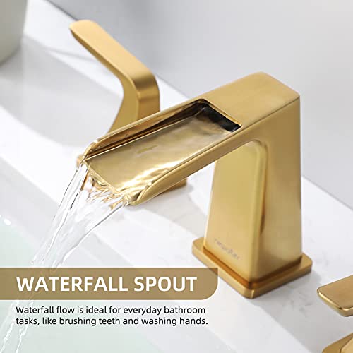 NEWATER Waterfall 8-Inch Widespread Two-Handle Bathroom Sink Faucet Three Hole Lavatory Faucet with Metal Pop-up Drain Assembly & Supply Lines，Brushed Gold