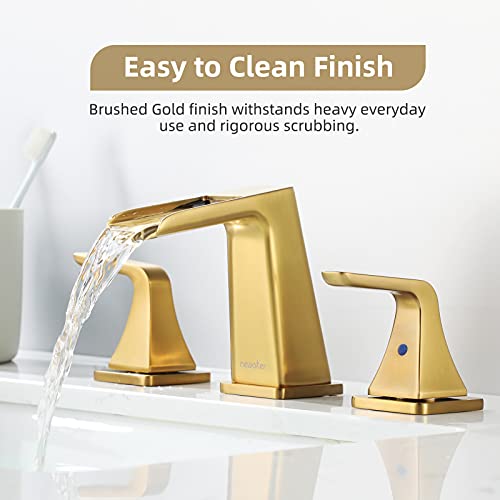 NEWATER Waterfall 8-Inch Widespread Two-Handle Bathroom Sink Faucet Three Hole Lavatory Faucet with Metal Pop-up Drain Assembly & Supply Lines，Brushed Gold