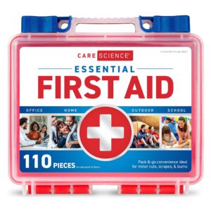 care science first aid kit, 110 pieces | professional use for travel, work, school, home, car, survival, camping, hiking, and more