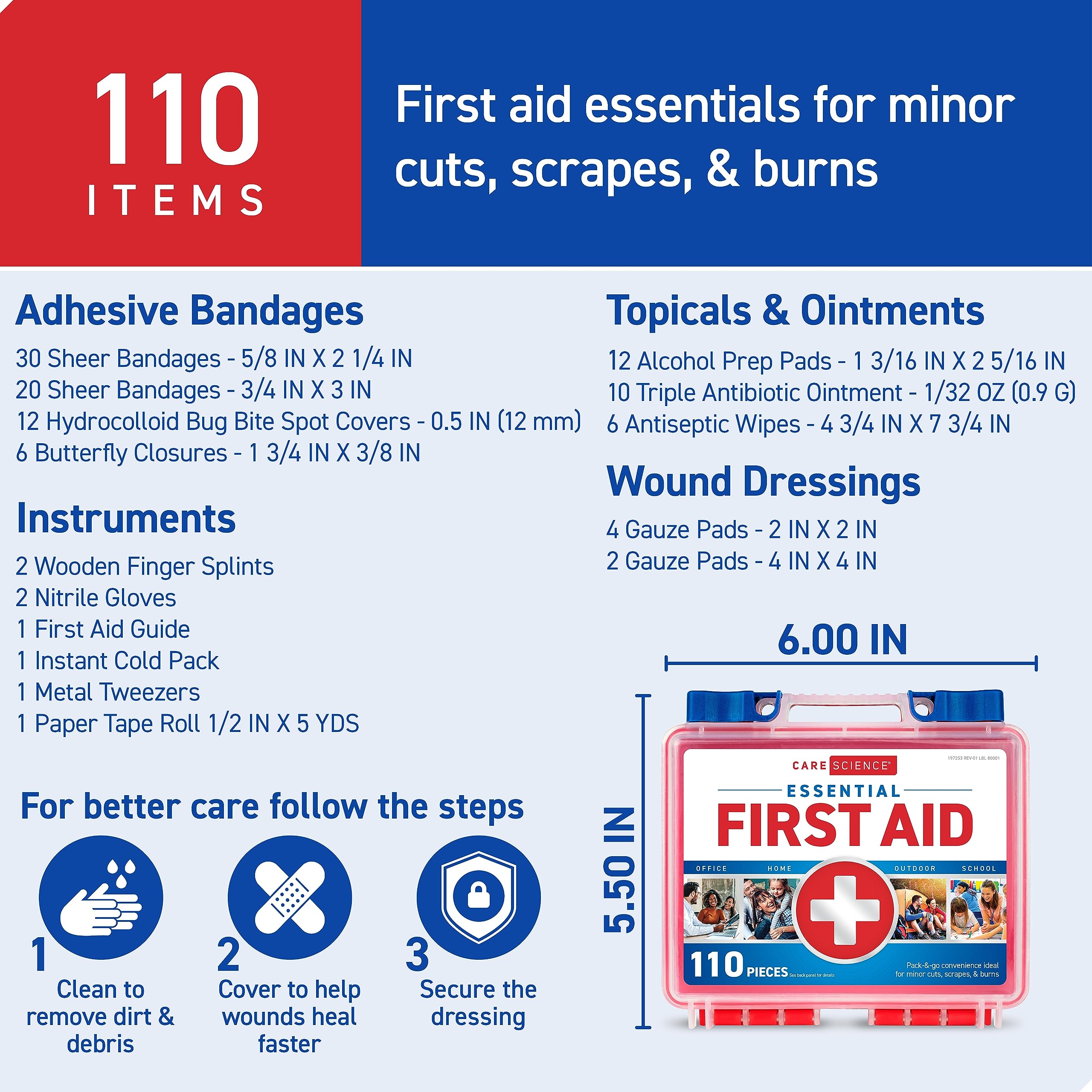 Care Science First Aid Kit, 110 Pieces | Professional Use for Travel, Work, School, Home, Car, Survival, Camping, Hiking, and More