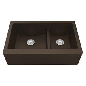 karran farmhouse/apron-front quartz composite 34 in. double offset bowl kitchen sink in brown