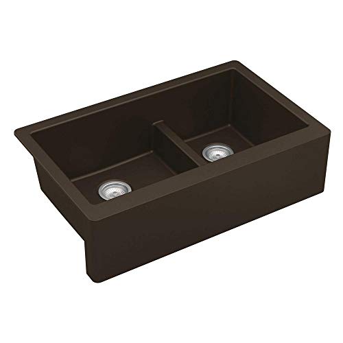 Karran Farmhouse/Apron-Front Quartz Composite 34 in. Double Offset Bowl Kitchen Sink in Brown