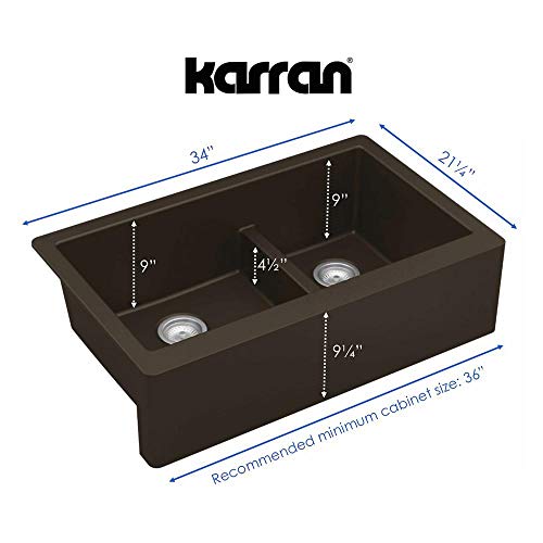 Karran Farmhouse/Apron-Front Quartz Composite 34 in. Double Offset Bowl Kitchen Sink in Brown