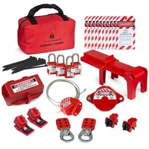 tradesafe professional lockout tagout kit - loto locks, gate valve lock, ball valve lockout, circuit breaker locks, hasps, plug lock, cable lockout, tag out tags and ties set (1 key per lock) red