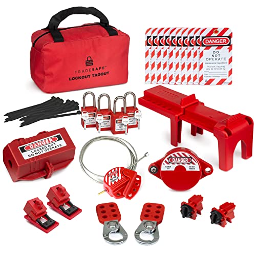 TRADESAFE Professional Lockout Tagout Kit - Loto Locks, Gate Valve Lock, Ball Valve Lockout, Circuit Breaker Locks, Hasps, Plug Lock, Cable Lockout, Tag Out Tags and Ties Set (1 Key Per Lock) Red