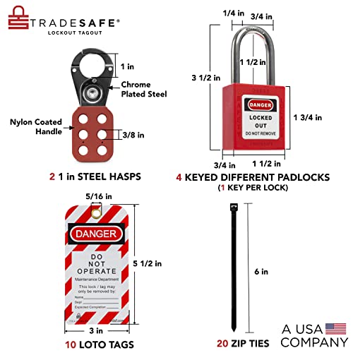 TRADESAFE Professional Lockout Tagout Kit - Loto Locks, Gate Valve Lock, Ball Valve Lockout, Circuit Breaker Locks, Hasps, Plug Lock, Cable Lockout, Tag Out Tags and Ties Set (1 Key Per Lock) Red