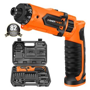 enertwist cordless screwdriver, 8v max 10nm electric screwdriver rechargeable set with 82 accessory kit and charger in carrying case, 21+1 cluth, dual position handle, led light, et-cs-8