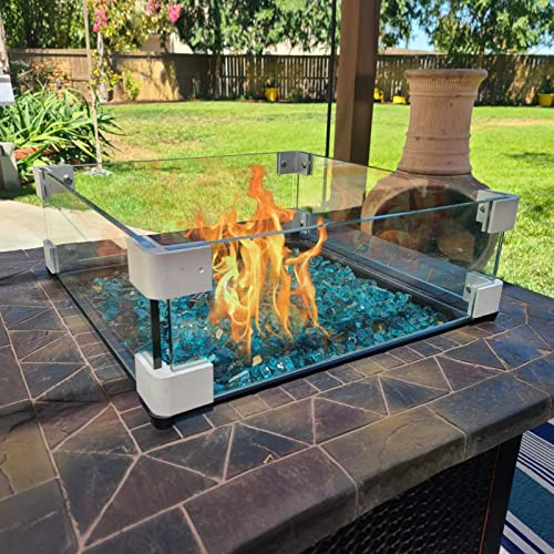 GASPRO 17.5" x 17.5" x 6" Fire Pit Wind Guard Square, Tempered Glass Firepit Table Shield, Thick and Sturdy, with Hard Aluminum Corner Bracket & Rubber Feet, Easy to Assemble