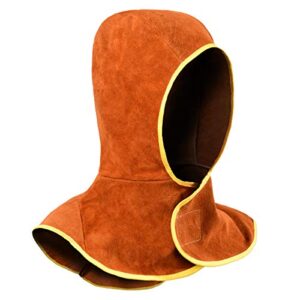 welding hood leather - cowhide split leather welding caps with neck shoulder drape - head protection for men & women, brown