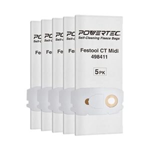 powertec 75048 fleece filter bags for festool 498411 fits ct midi, 5pk