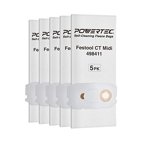 POWERTEC 75048 Fleece Filter Bags for Festool 498411 Fits CT Midi, 5PK