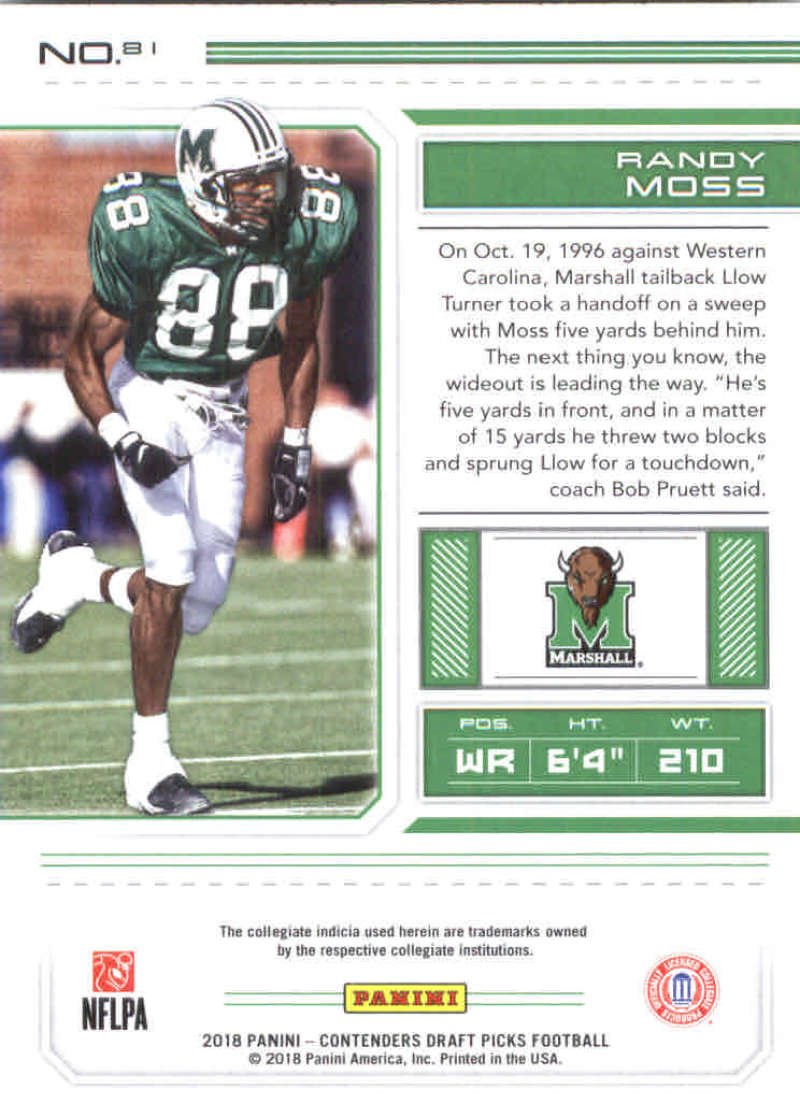 2018 Panini Contenders Draft Picks Season Ticket #81 Randy Moss Marshall Thundering Herd NCAA Collegiate Football Card