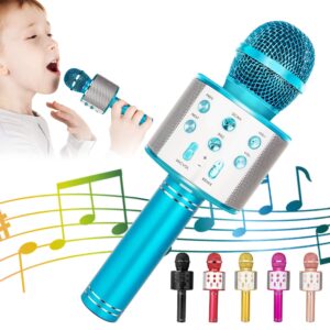 kidwill wireless bluetooth karaoke microphone for kids, 5-in-1 portable handheld karaoke mic speaker player recorder with adjustable remix fm radio for kids girls boys teens birthday (858-blue)