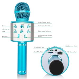 KIDWILL Wireless Bluetooth Karaoke Microphone for Kids, 5-in-1 Portable Handheld Karaoke Mic Speaker Player Recorder with Adjustable Remix FM Radio for Kids Girls Boys Teens Birthday (858-Blue)