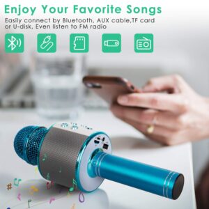 KIDWILL Wireless Bluetooth Karaoke Microphone for Kids, 5-in-1 Portable Handheld Karaoke Mic Speaker Player Recorder with Adjustable Remix FM Radio for Kids Girls Boys Teens Birthday (858-Blue)