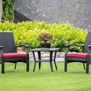 East West Furniture DTL3C01B Denton 3 Piece Patio Furniture Outdoor Set Contains a Rectangle Wicker Tea Table with Glass Top and 2 Balcony Armchair with Cushion, Small, Black