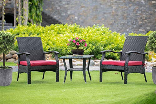 East West Furniture DTL3C01B Denton 3 Piece Patio Furniture Outdoor Set Contains a Rectangle Wicker Tea Table with Glass Top and 2 Balcony Armchair with Cushion, Small, Black